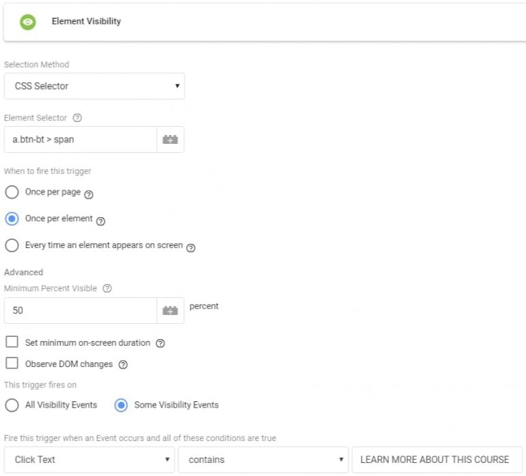 Track element visibility based on text with Google Tag Manager